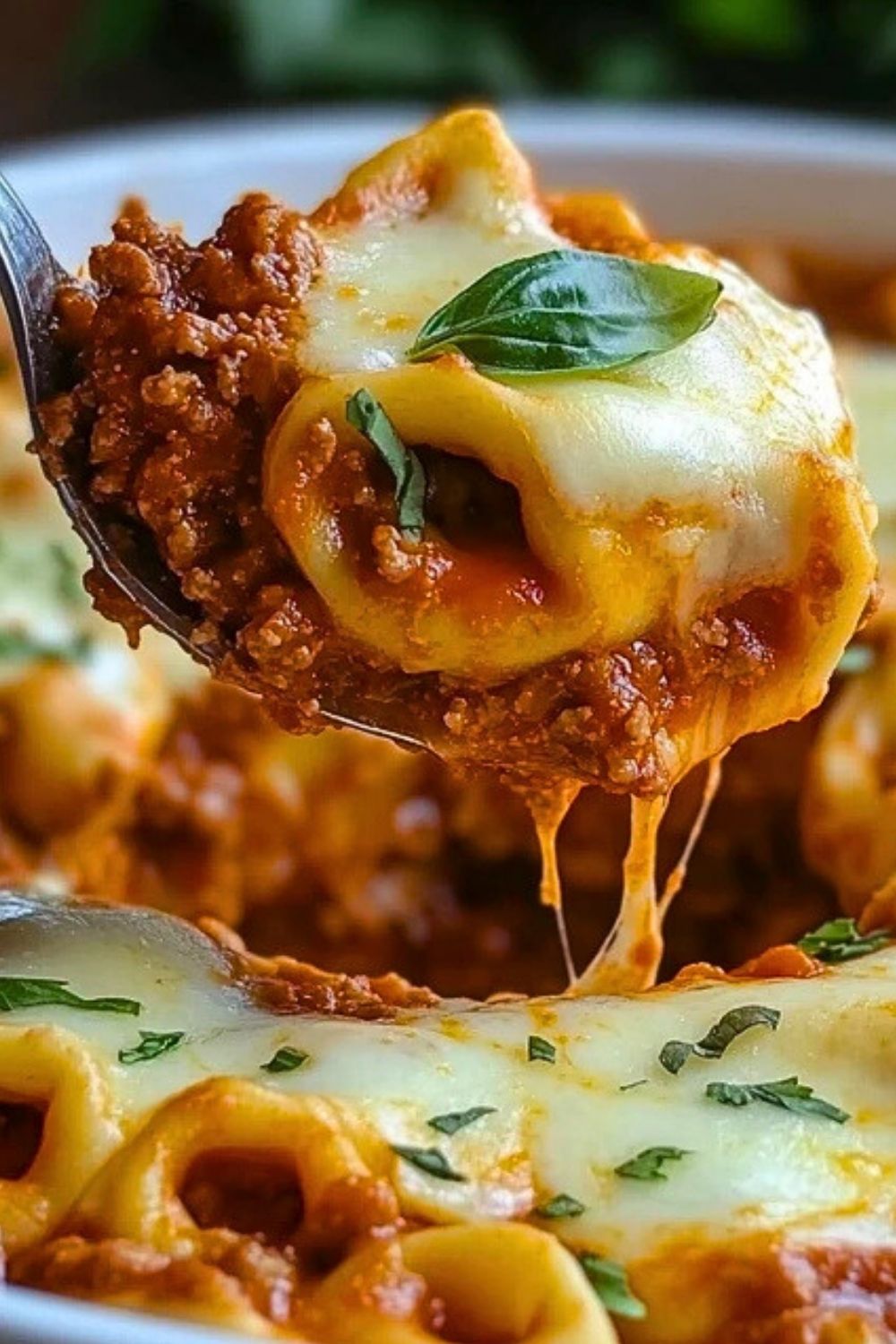 Cheesy Baked Tortellini with Meat Sauce