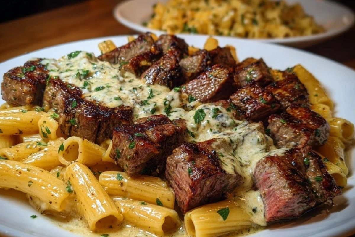 Cheesy Garlic Butter Steak with Rigatoni in Four-Cheese Sauce