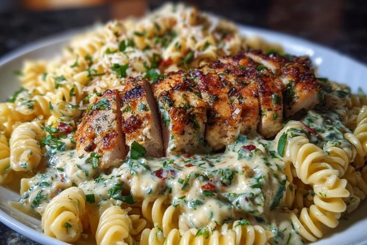 Twisted Pasta with Garlic Parmesan Chicken