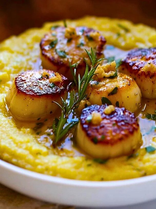 Scallops with Herb Brown Butter over Creamy Polenta