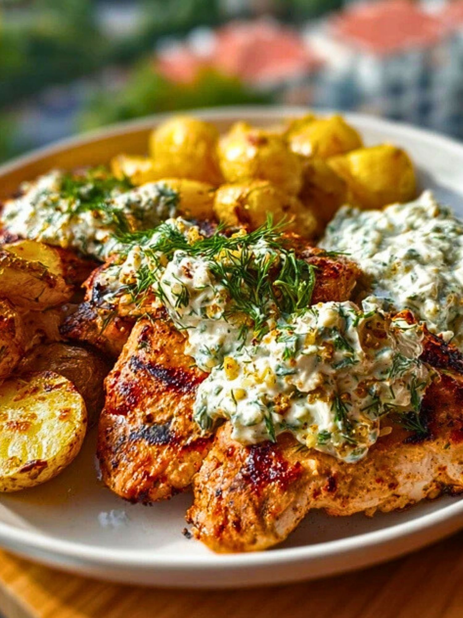 Spicy Yogurt Marinated Chicken with Dill Feta Cream & Crispy Baby Potatoes
